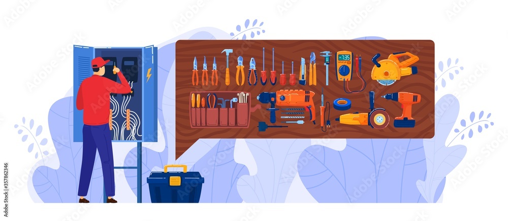 Electrician box vector illustration. Cartoon flat repairman character ...