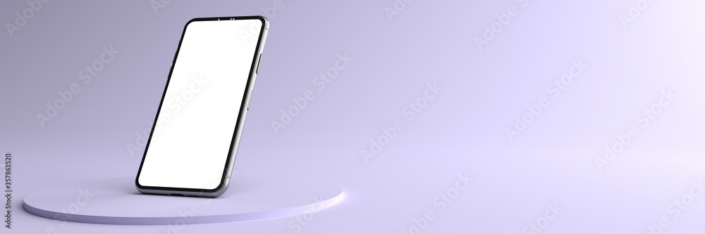 The Smartphone white screen on violet round Pedestal, Mobile phone ...