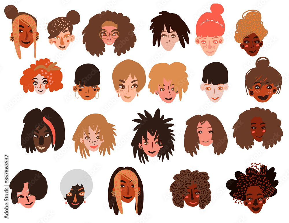 Set of funny cartoon character portraits of happy smiling women of ...