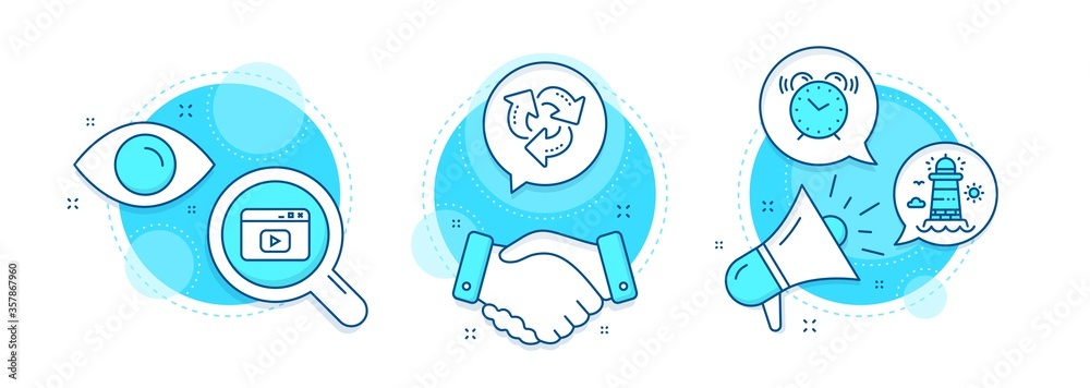 Lighthouse, Recycle and Video content line icons set. Handshake deal, research and promotion ...