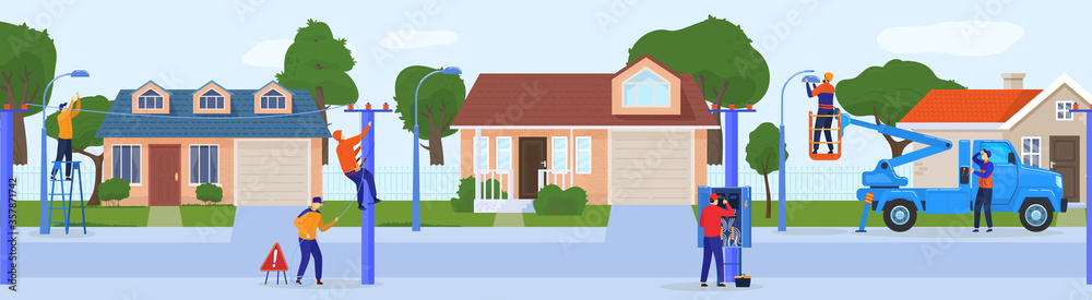 Electric worker people vector illustration. Cartoon flat repairman ...