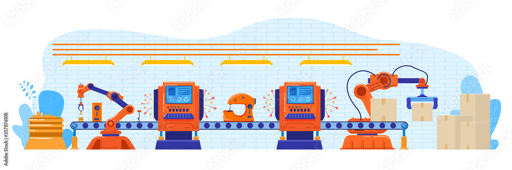 Products packaging by robot vector illustration. Cartoon flat automatic ...