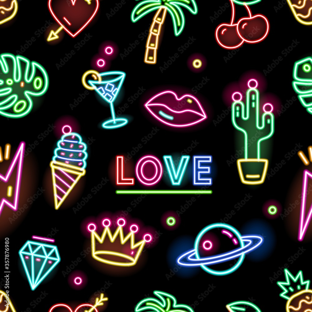 Fashion sign and signboard glowing bright neon light seamless pattern ...