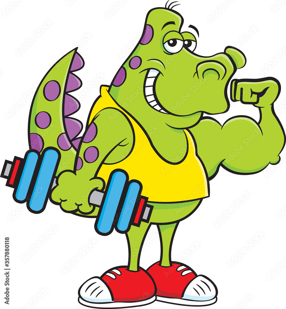 Cartoon illustration of a dinosaur holding a dumbbell and making a ...