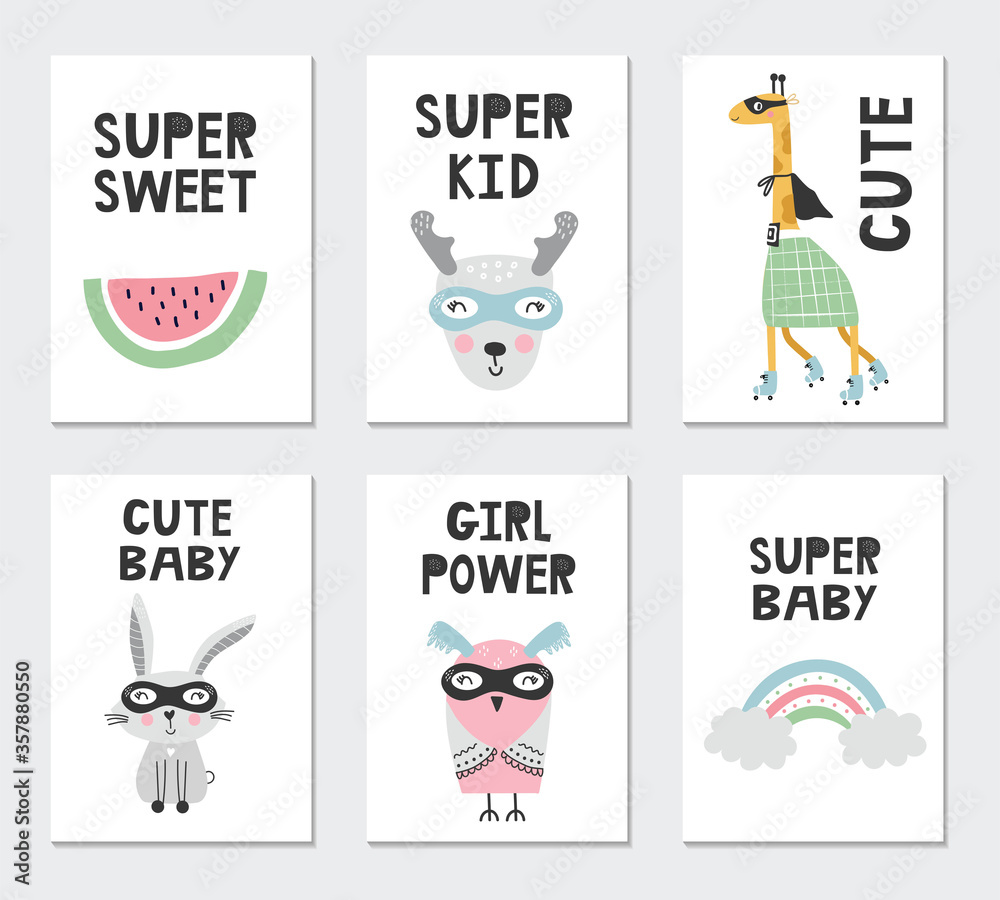 Set of children's posters with superhero characters, animals and ...