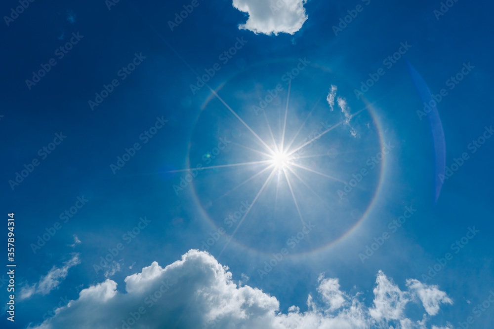 Fantastic beautiful sun halo phenomenon with sun ray and flare. Stock ...