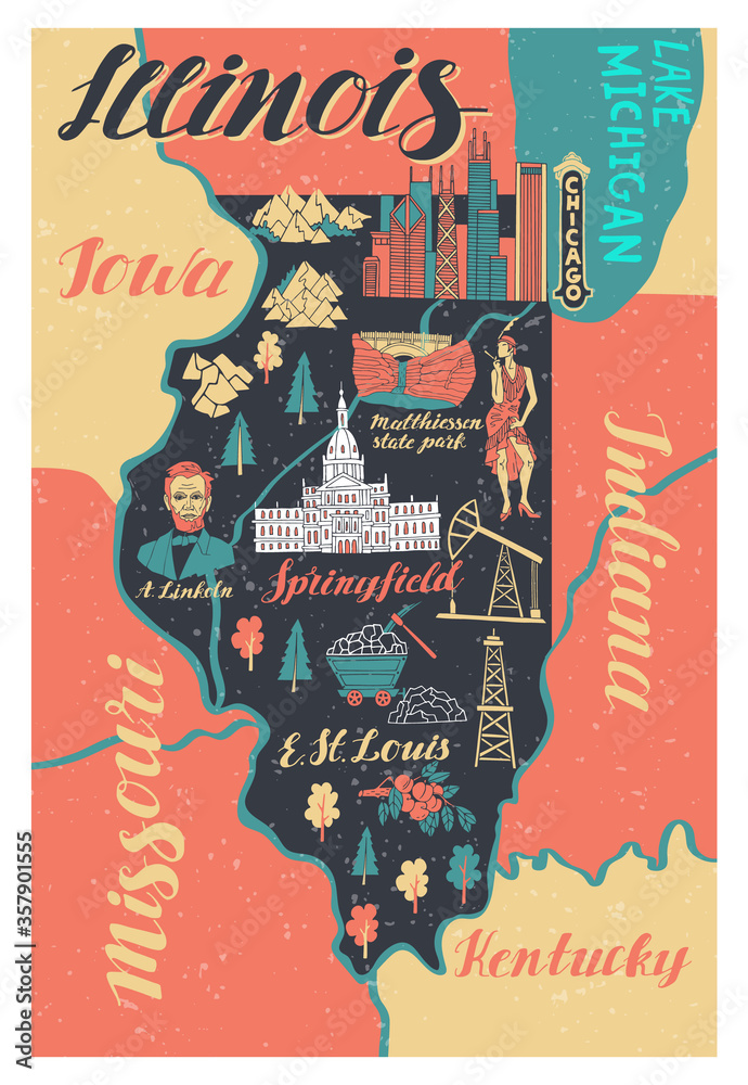 Illustrated map of Illinois. Travel and attractions Stock Vector ...
