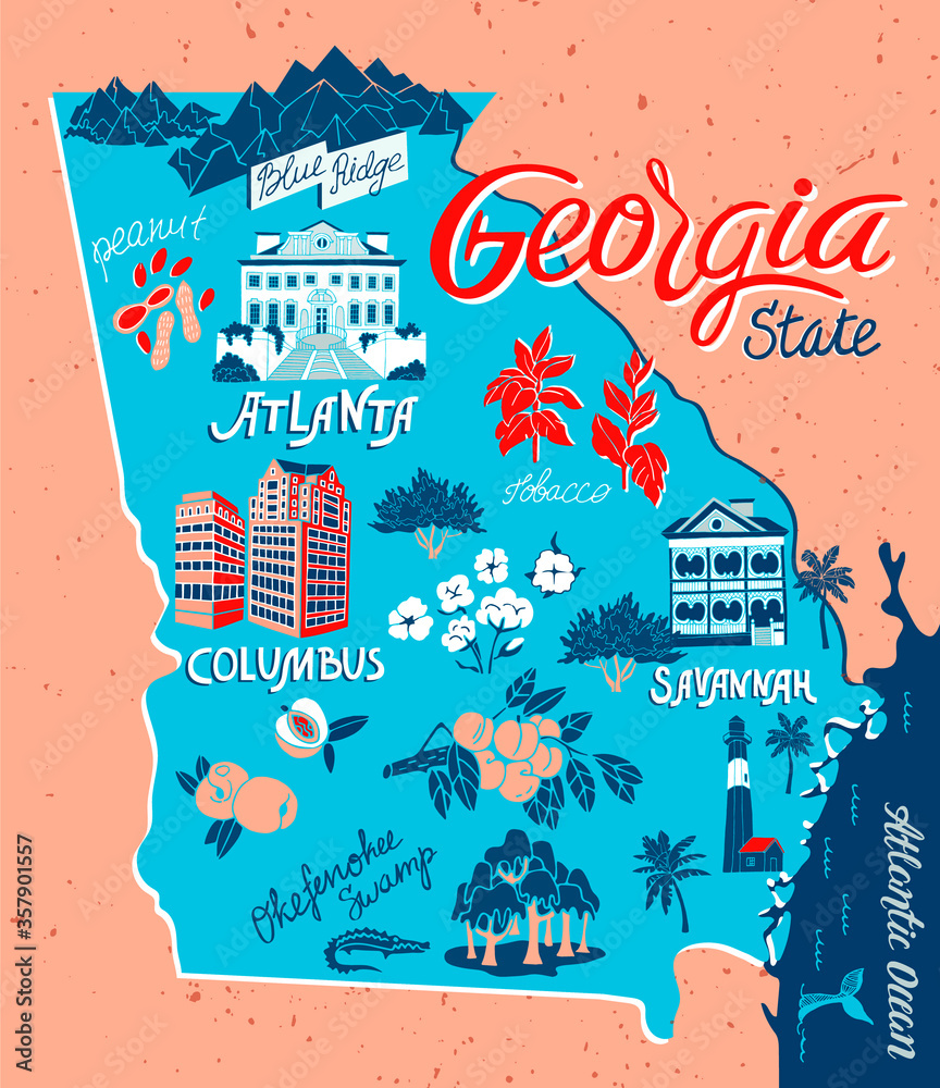 Illustrated map of Georgia, USA. Travel and attractions Stock Vector ...