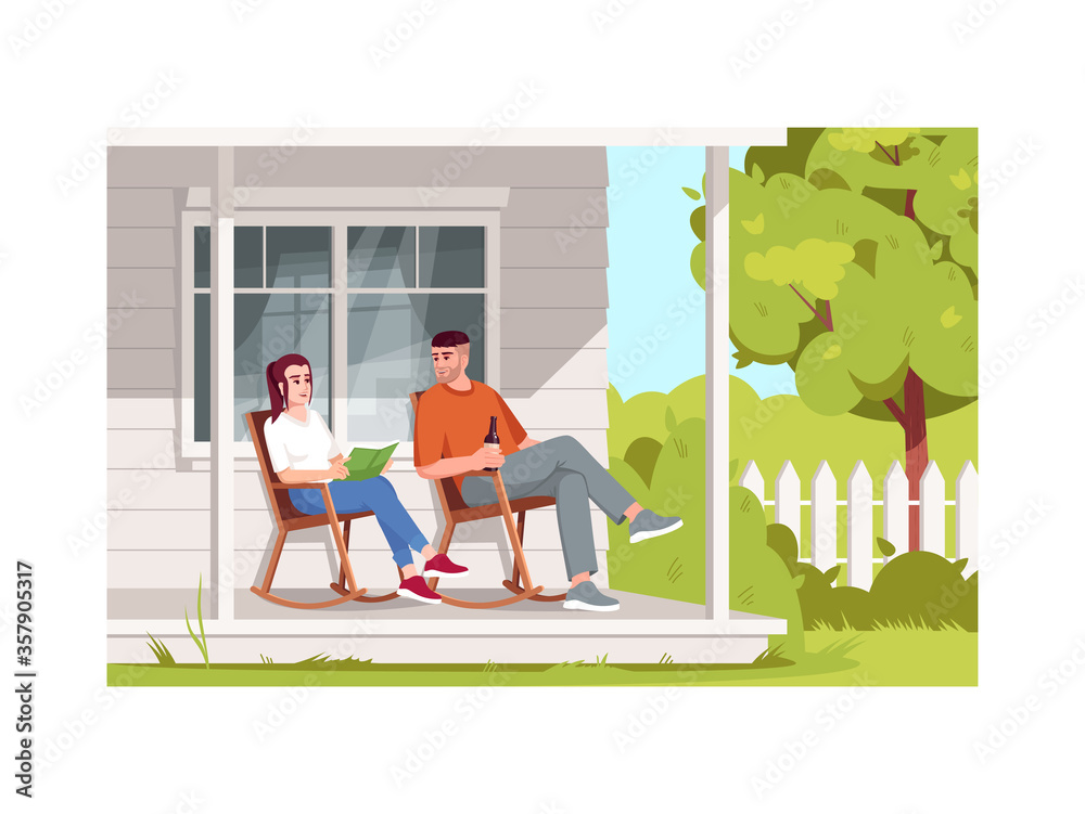 Couple sit in armchairs semi flat vector illustration. Rural lifestyle ...