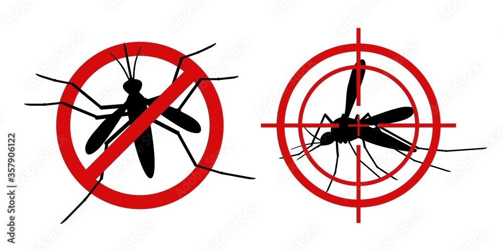 Mosquito warning signs. Informational red prohibited mosquito target ...