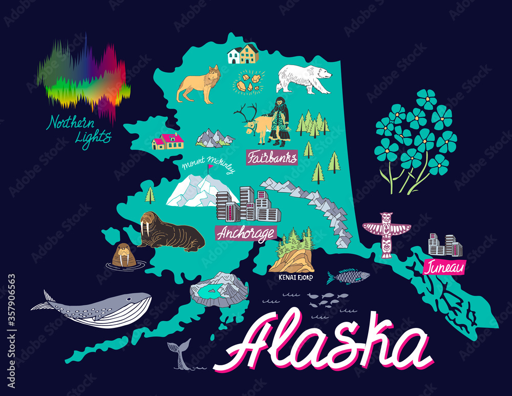 Illustrated map of Alaska, USA. Travel and attractions. Stock Vector ...