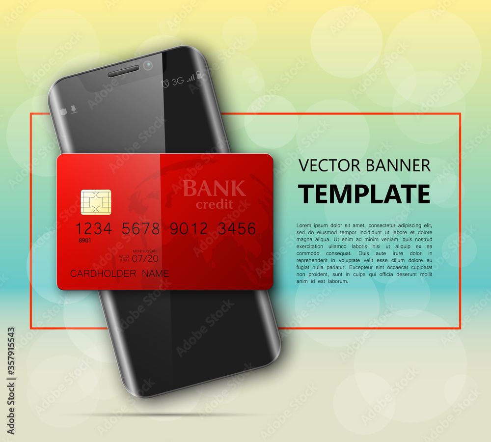 Smartphone & credit card banner. Advertising promo poster phone bank ...