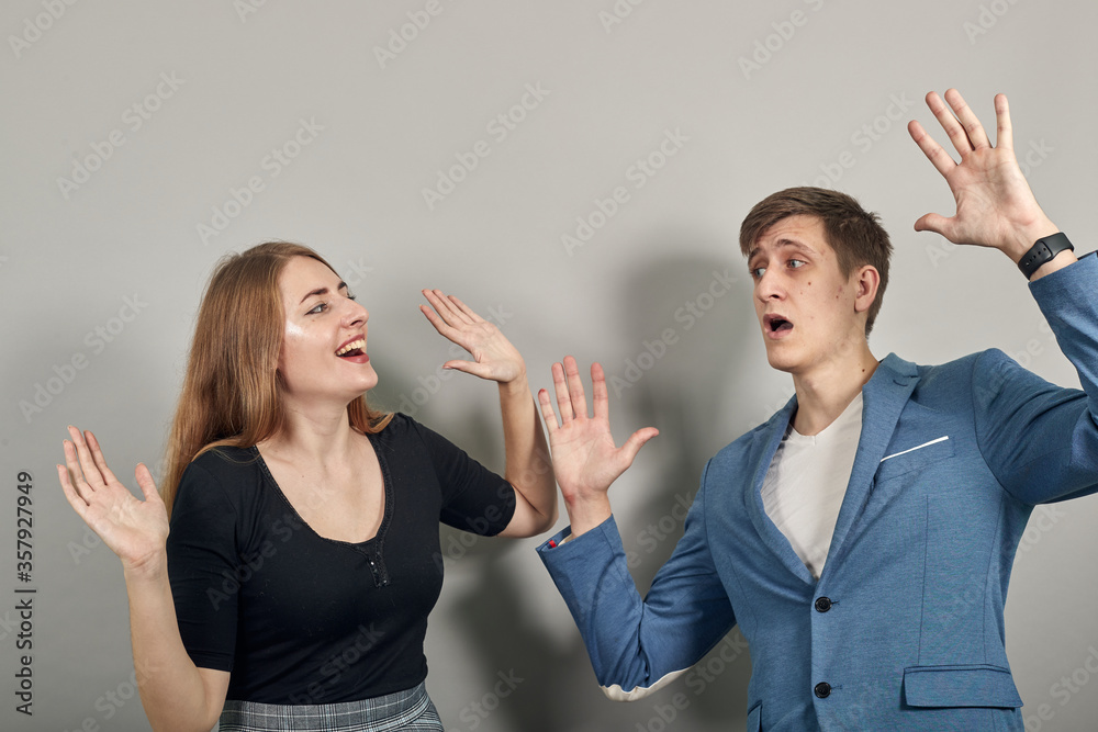 Confused mood spreads hands wide with doubt face. In shock. People ...