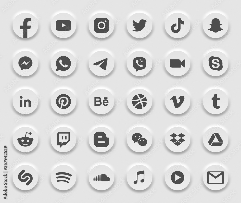 Popular Social Media Black White Modern Round 3D Icons Vector Set ...