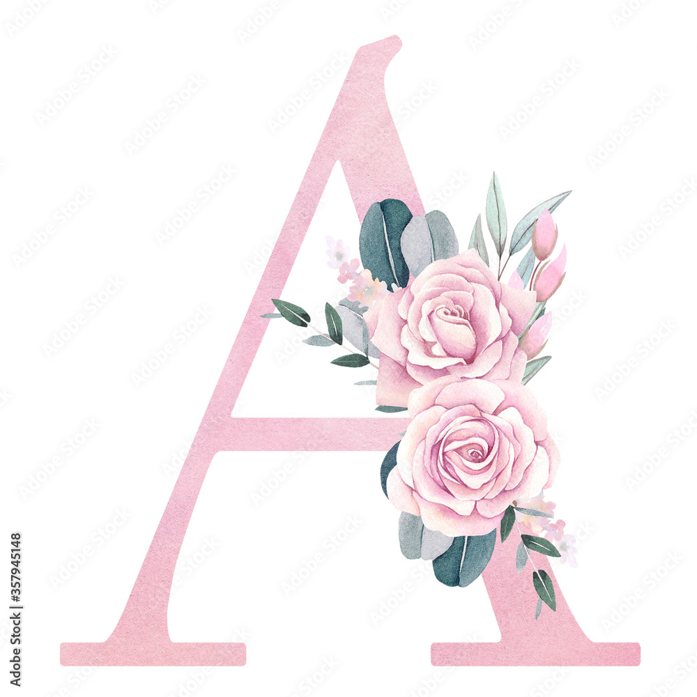 Watercolor pink letter A with a beautiful bouquet of roses and ...
