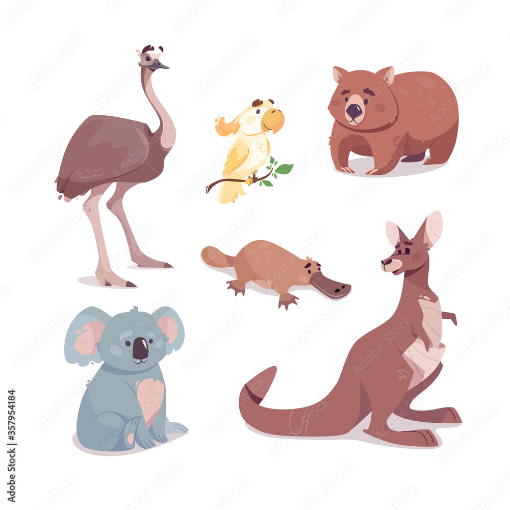 Australian animals vector set. Kangaroo, koala, wombat, emu, cockatoo ...