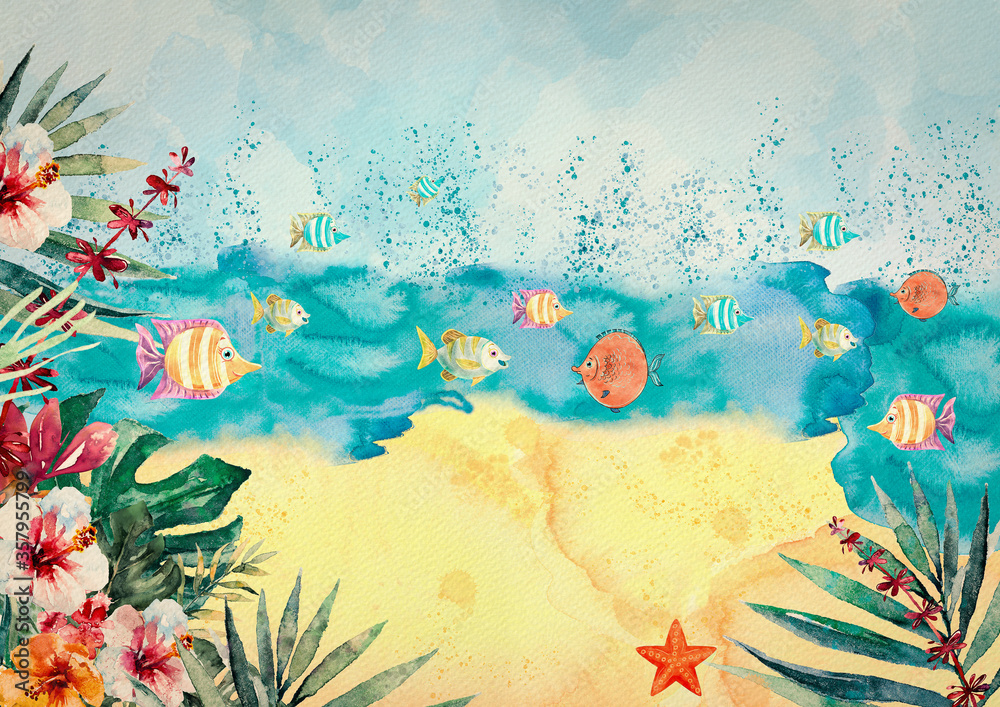 Tropical beach. Watercolor background. Stock Illustration | Adobe Stock