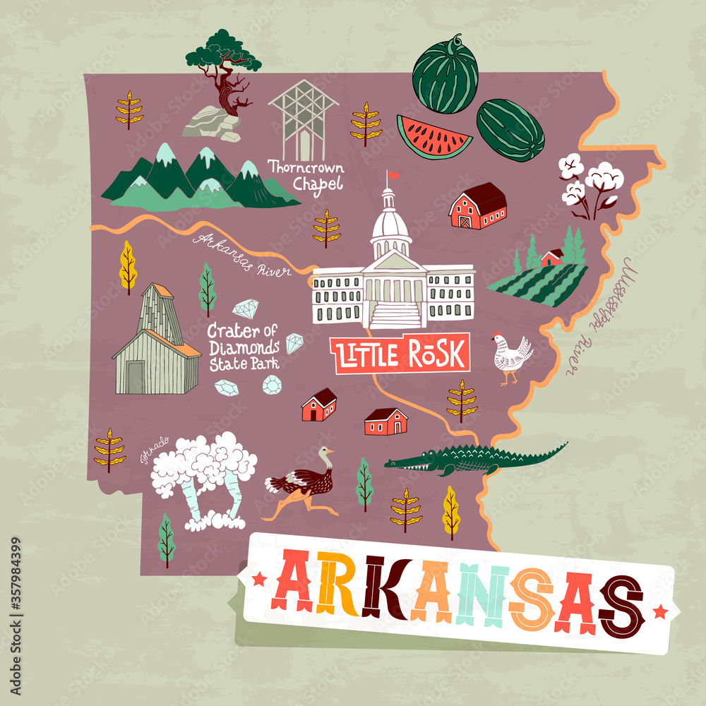 Illustrated map of Arkansas, USA. Travel and attractions. Stock Vector ...