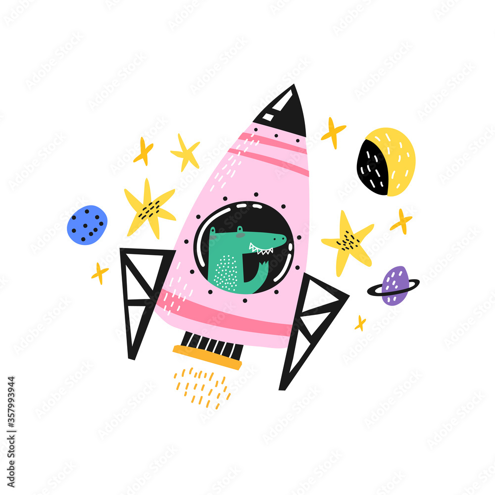 Dinosaur flying in rocket flat vector illustration. Scandinavian style ...