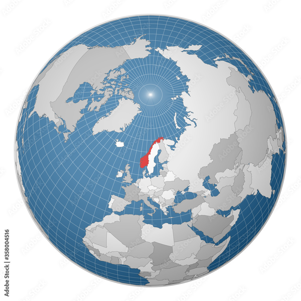 Globe centered to Norway. Country highlighted with green color on world ...