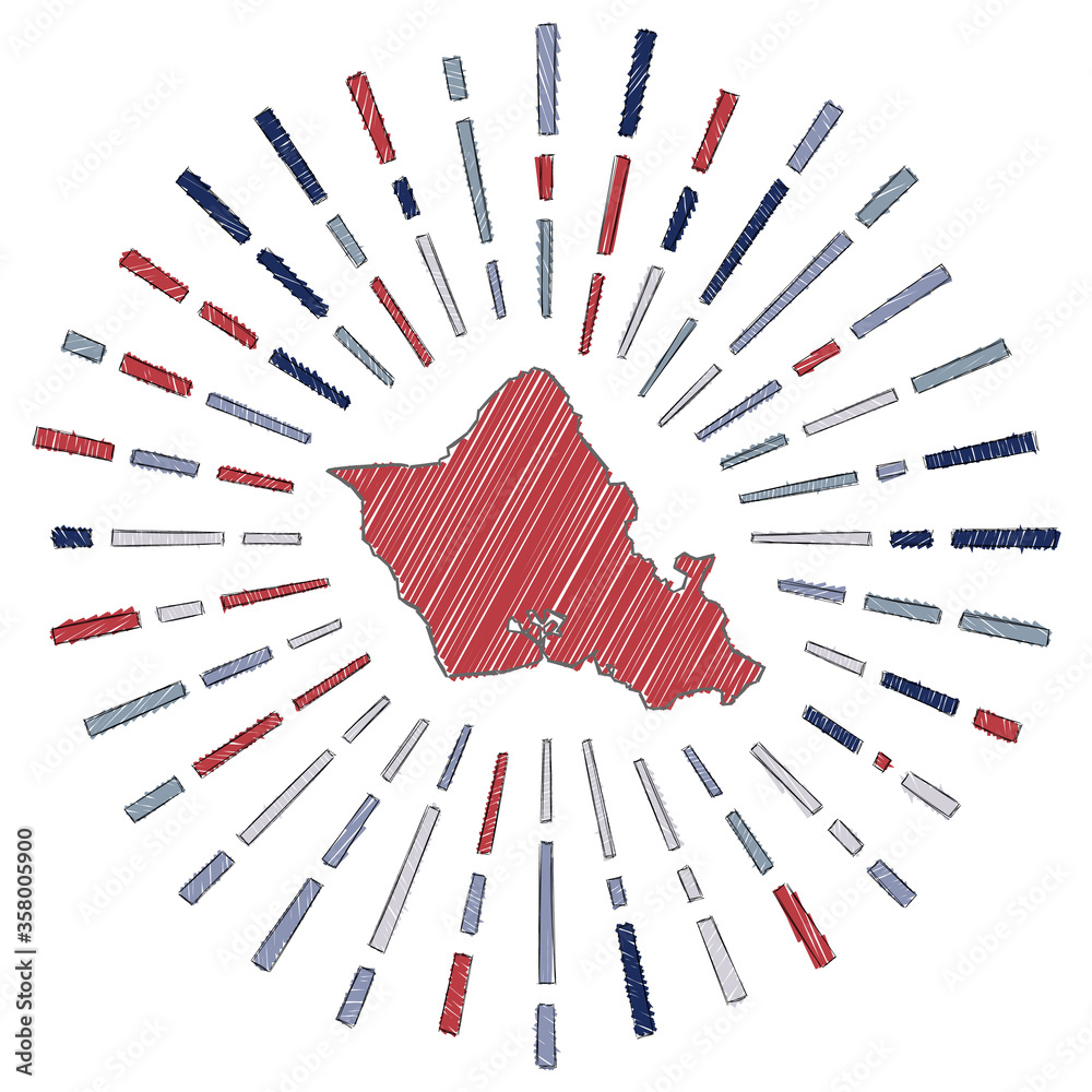 Sketch map of Oahu. Sunburst around the island in flag colors. Hand ...