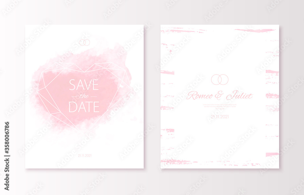Wedding pink color invitation card with watercolor spot and geometric ...