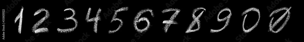 Set of arabic numbers handwritten in white chalk on a blackboard. Chalk ...