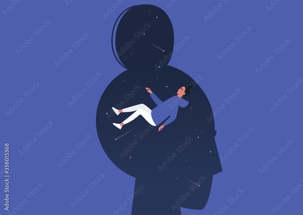 Meditative mind, young female character levitating inside their own ...