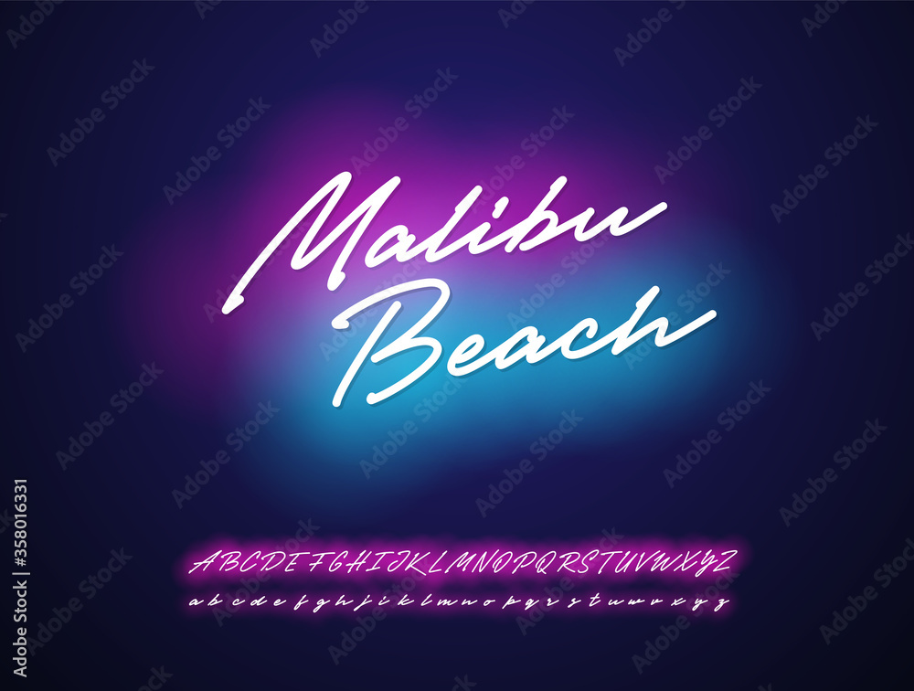 Malibu beach neon script design. Vector alphabet. Stock Vector | Adobe ...
