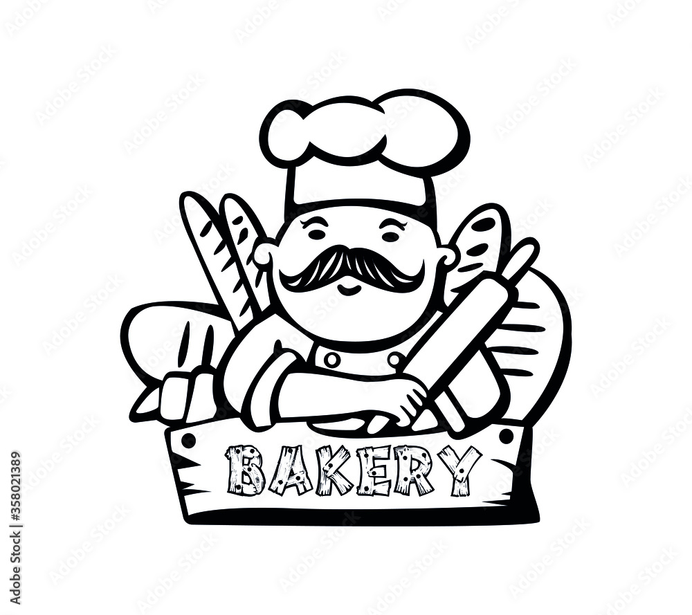 Bakery logo. Hand drawn vector illustration of chef-cooker with a ...