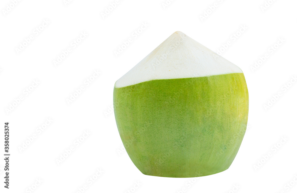 Green fresh coconut which top part or upper section is peeled, isolated ...
