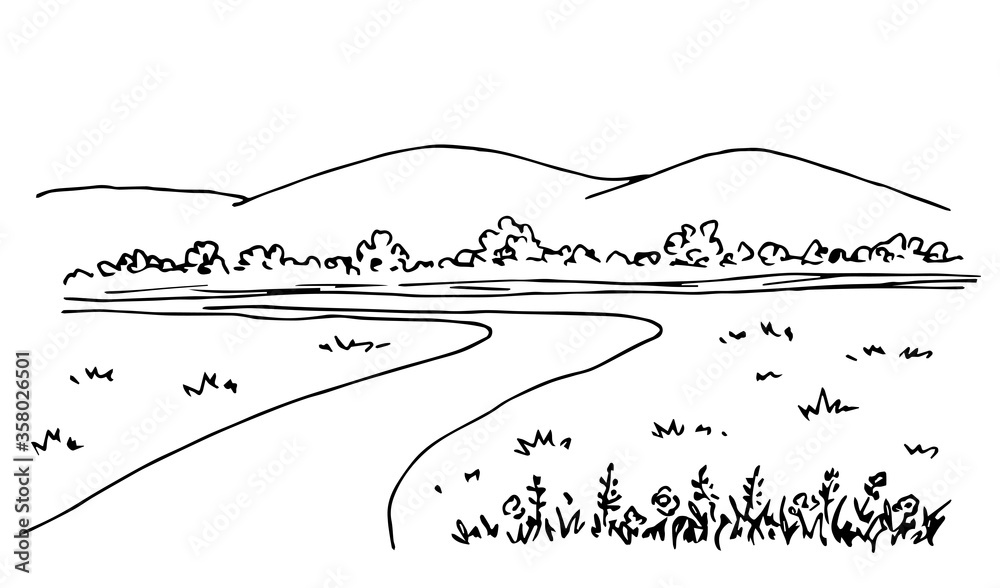 Simple vector freehand drawing in black outline. Mountain silhouette on ...