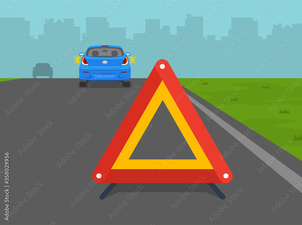 Broken down car on highway with warning sign. Back view. Flat vector ...