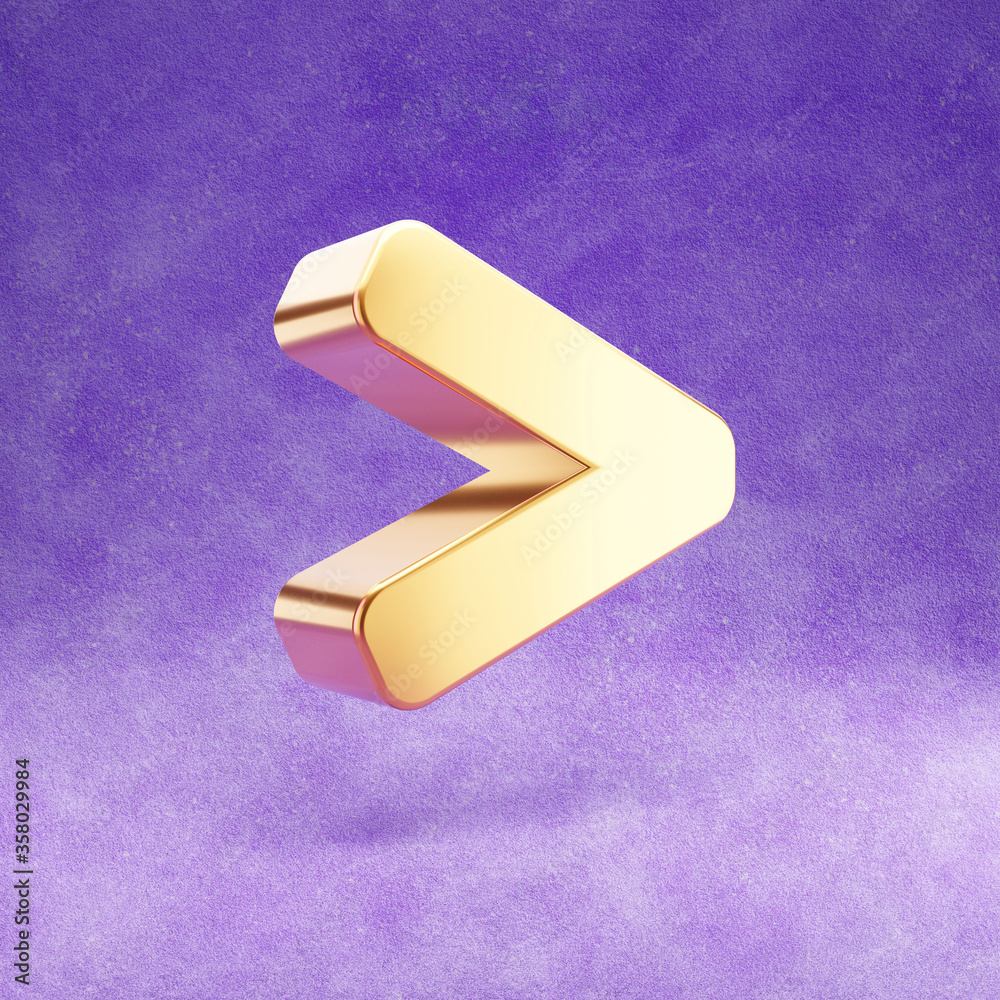 Greater than icon. Gold glossy Greater than symbol isolated on violet ...