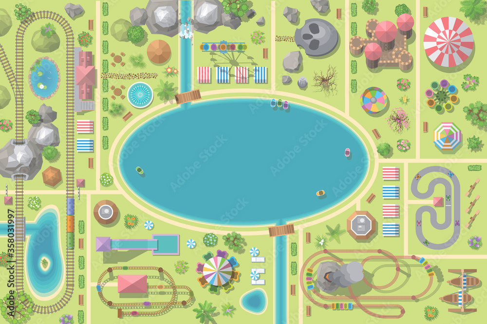 A vector illustration of amusement park map. (Top view) Attractions ...