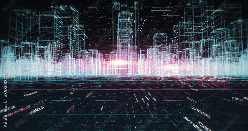 Futuristic Developed City. Computer Network And Data Skyscrapers. Smart ...