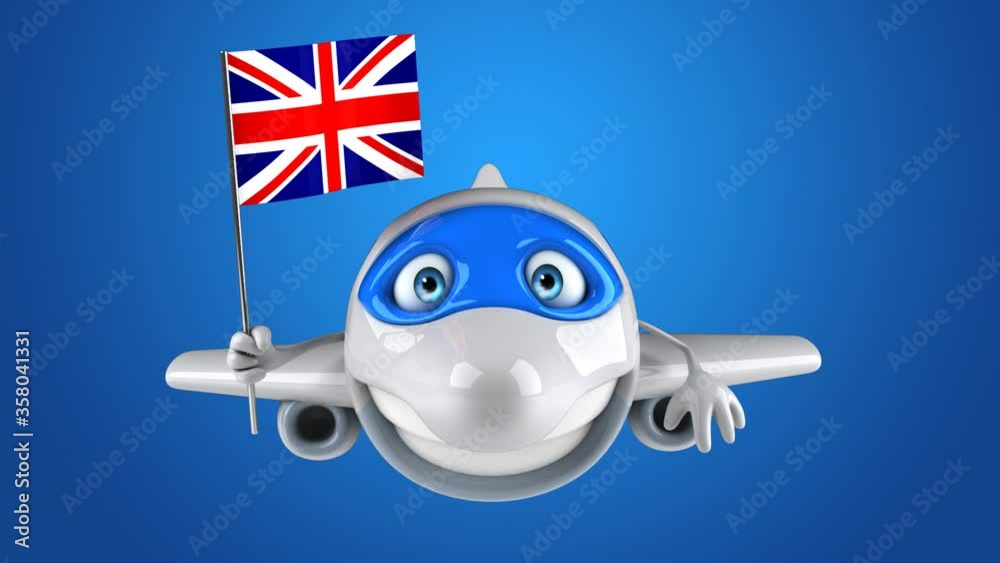 Fun 3D cartoon plane character with a union jack flag Stock Video ...