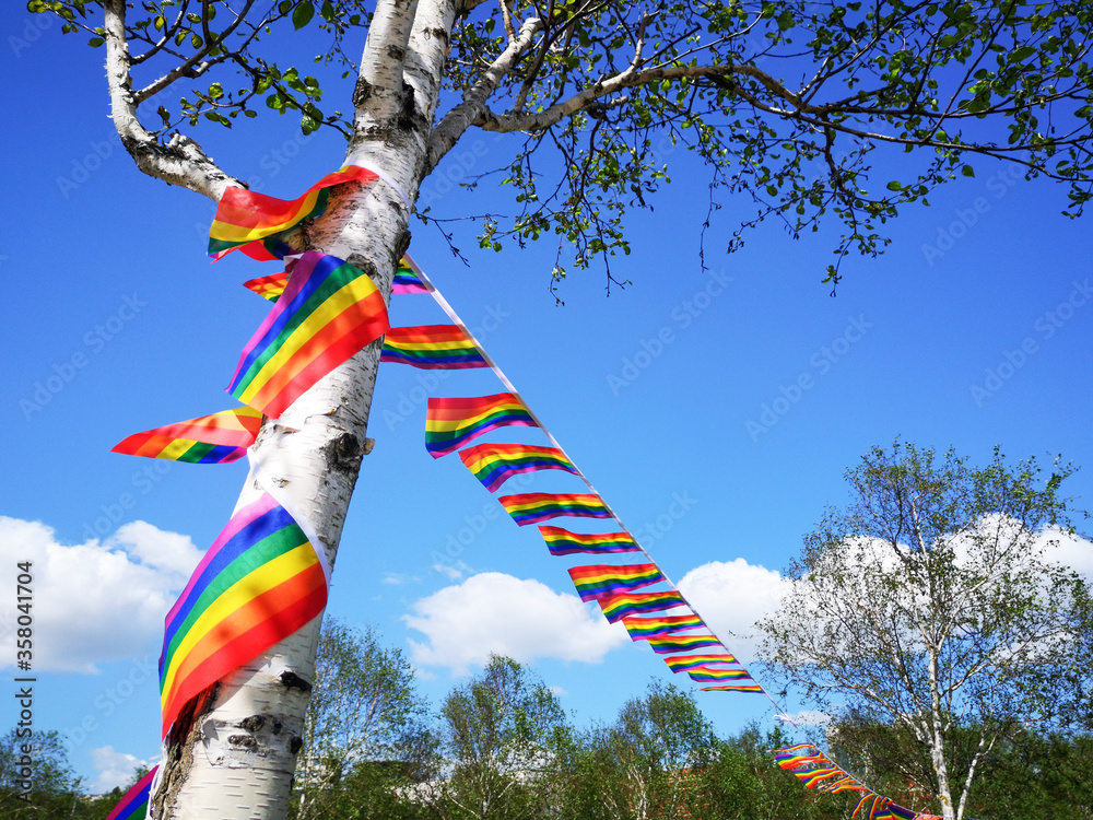 Rainbow Flags at a Gay Pride Parade hung from a tree with vibrant ...