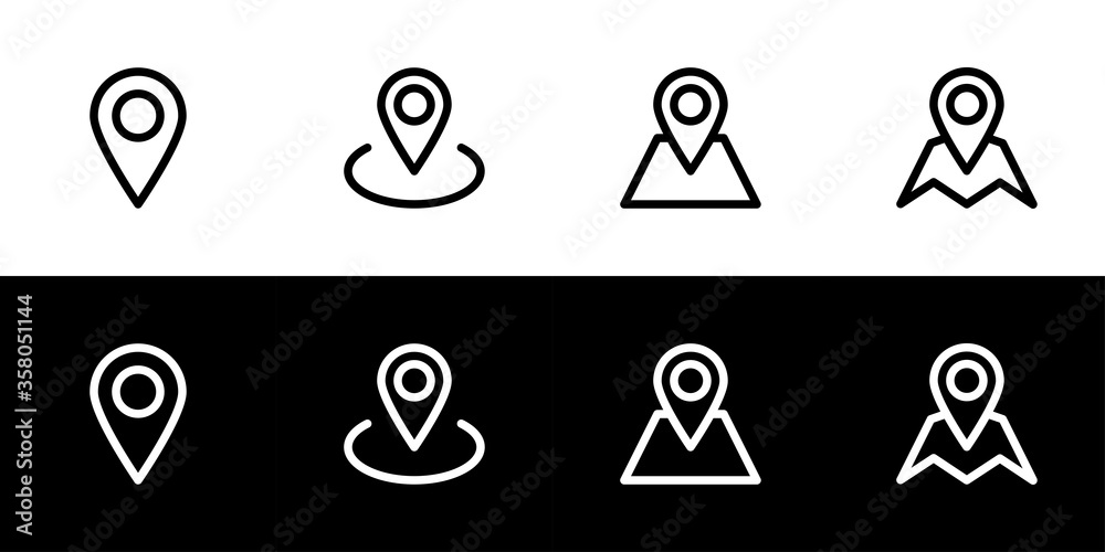 Location icon set. Flat design icon collection isolated on black and ...