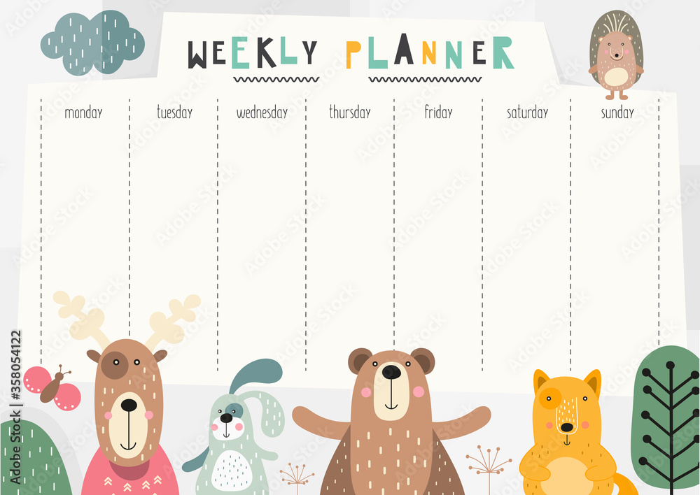 Weekly planner for kids with woodland animals. Childrens schedule in ...
