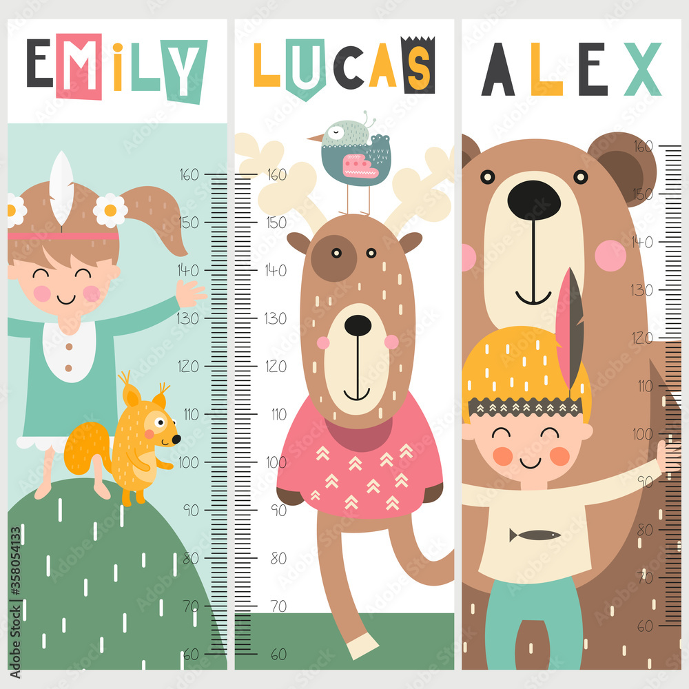Kids height charts set with woodland animals and indian kids. Design ...