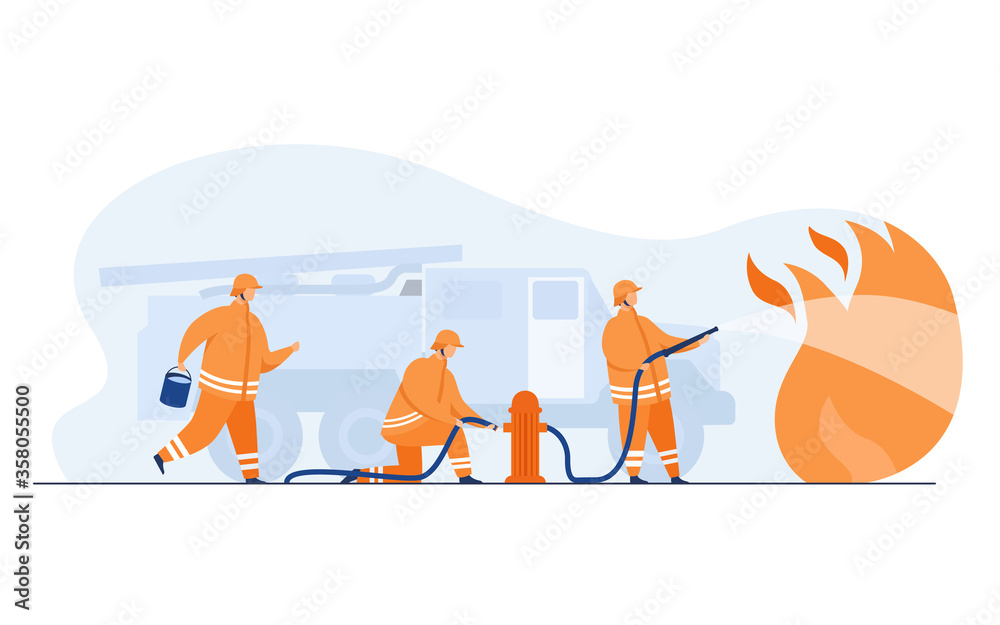 Brave firefighters firefighting with flame flat vector illustration ...
