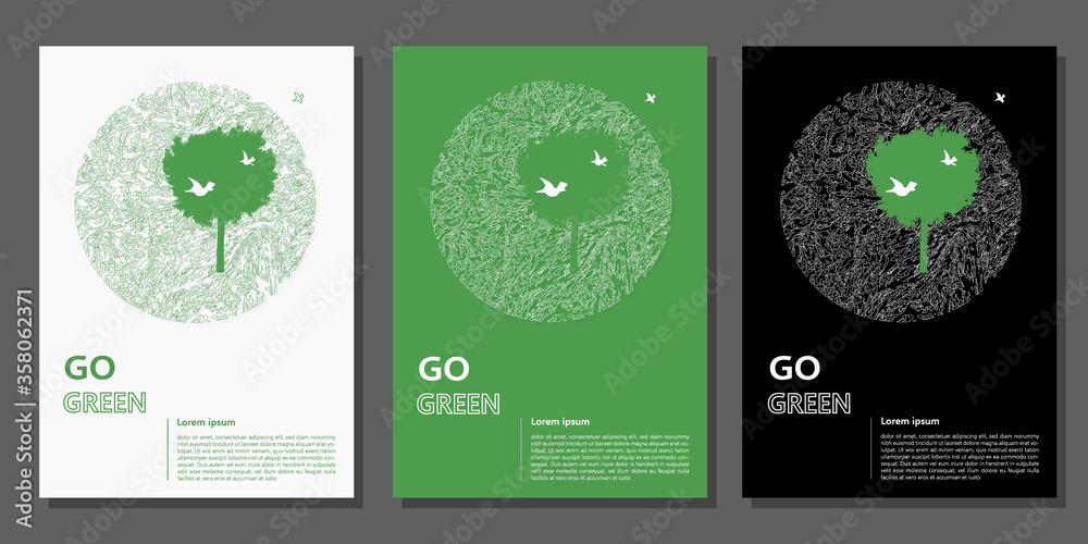 GO GREEN cards collection. Set of 3 rectangular poster templates gift ...