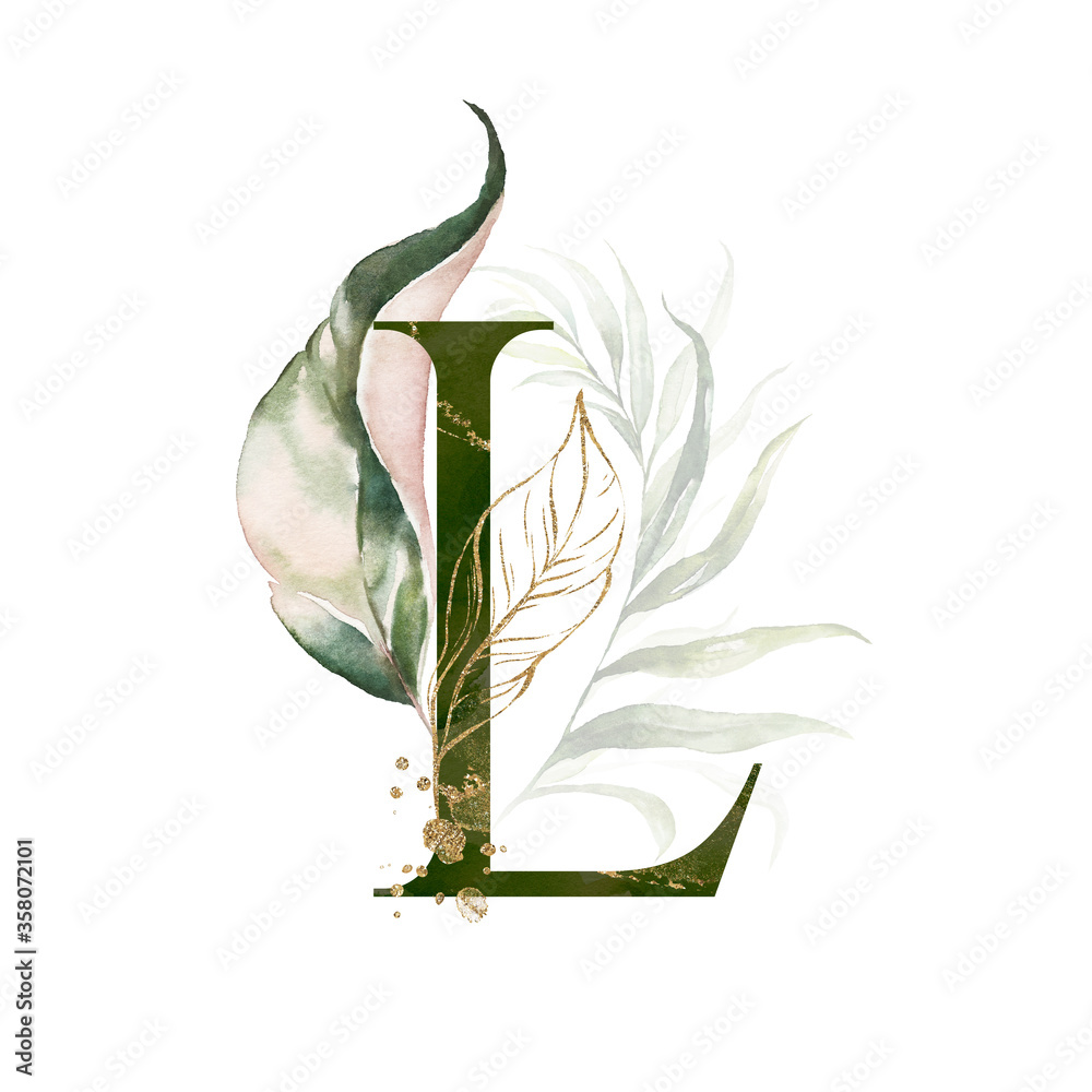 Tropical Green Gold Floral Alphabet - letter L with green gold leaves ...