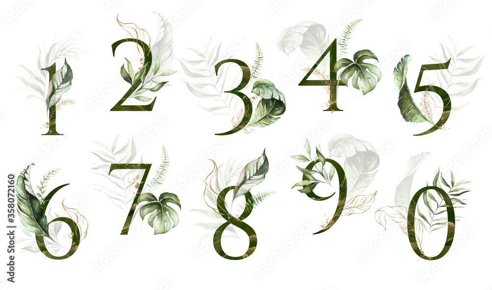 Tropical Green Gold Floral Numbers Set - digits 1, 2, 3, 4, 5, 6, 7, 8 ...
