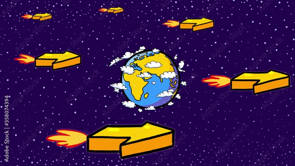Stars pulsing in space and rocket arrows and Earth cartoon animation ...