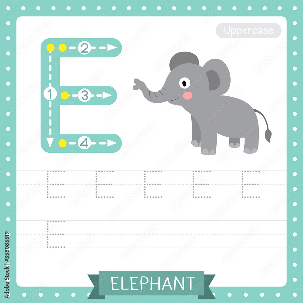 Letter E uppercase tracing practice worksheet. Standing Elephant Stock ...