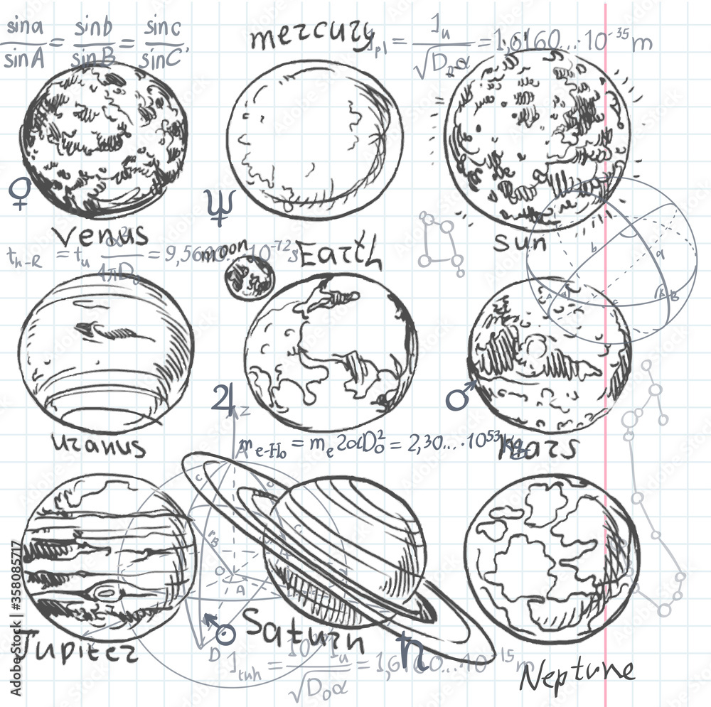 Doodle background with planets of the solar system, and the form Stock ...