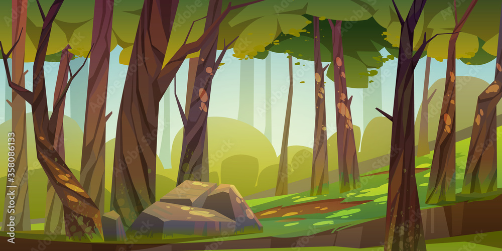 Cartoon forest background, nature landscape with deciduous trees, moss ...