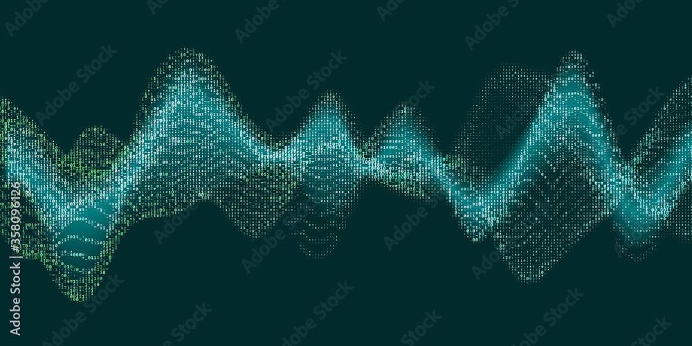 Abstract digital music wave with code flow on dark green background ...